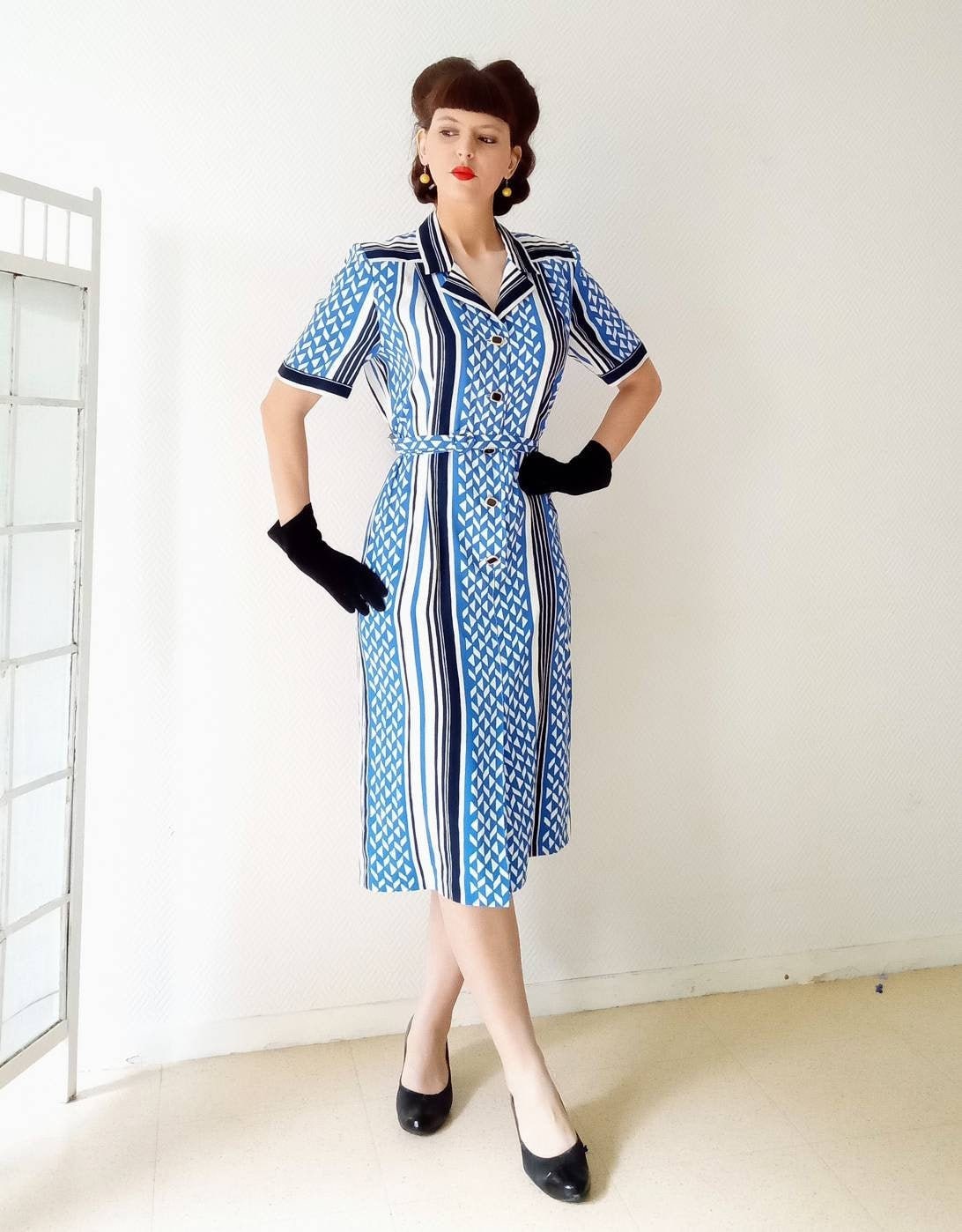 40s striped and geometric printed dress Marcelle Griffon //1940s stripe ...