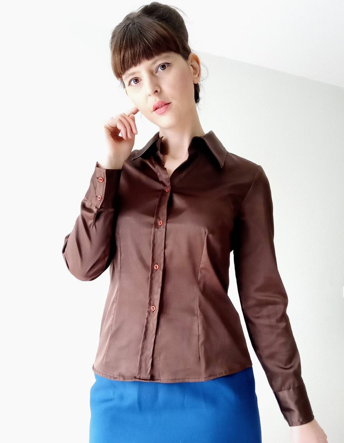 90s satin chocolate blouse //1990's satin chocolate shirt