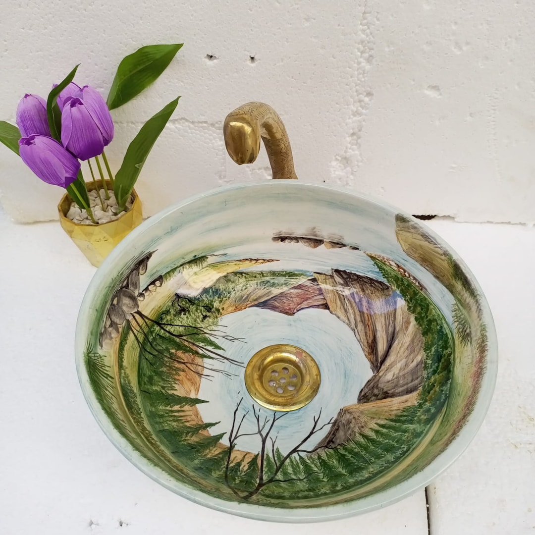 Hand-painted Ceramic Sink Basin: Natural Colors, Circular Style - Etsy