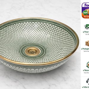 Green Moroccan Ceramic Vessel Sink | Handmade Gold Rim Bathroom Basin ...