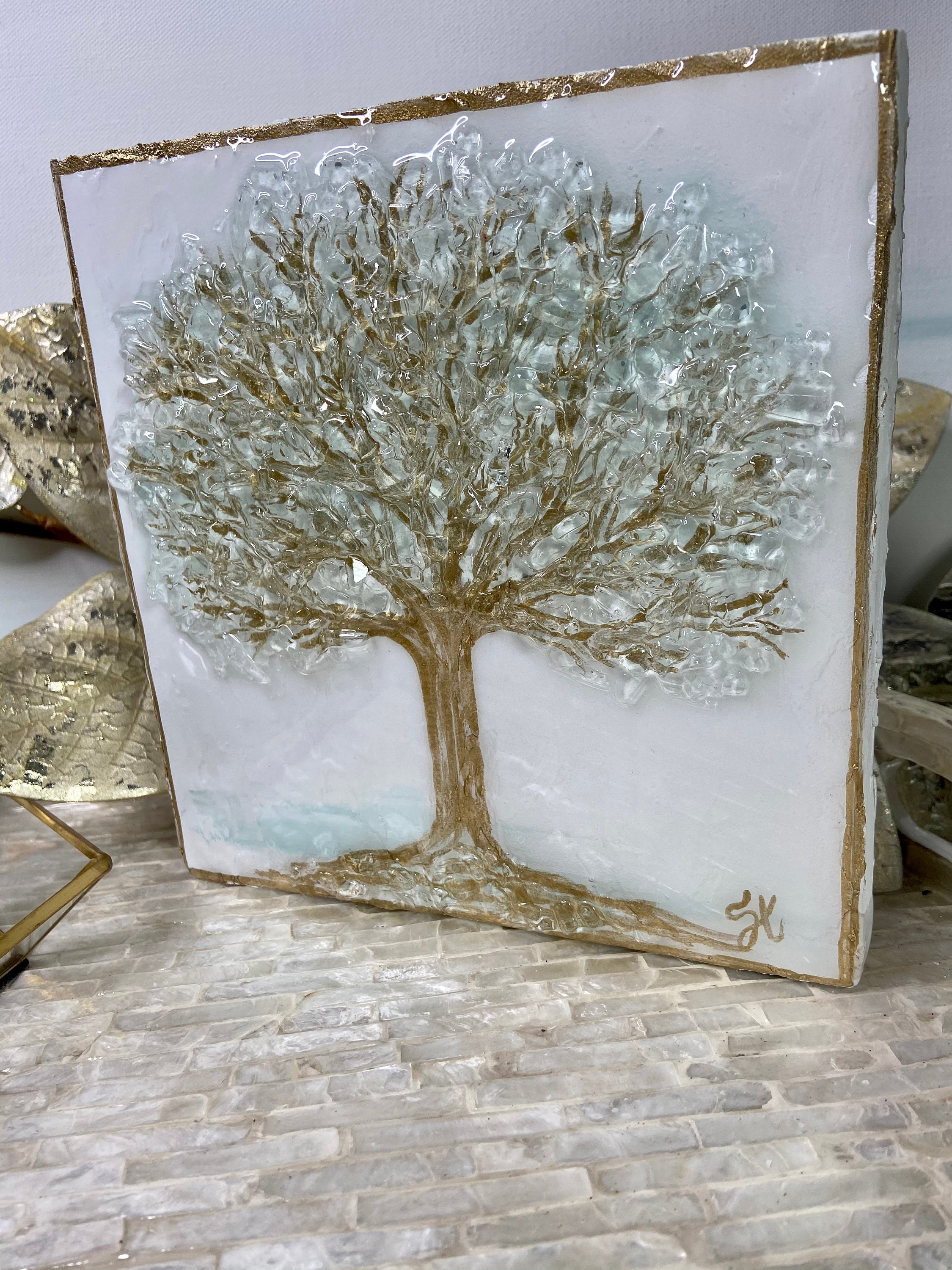 Painting Mixed Art & Collectibles Round Tree Gold Leaf Art Round Tree ...