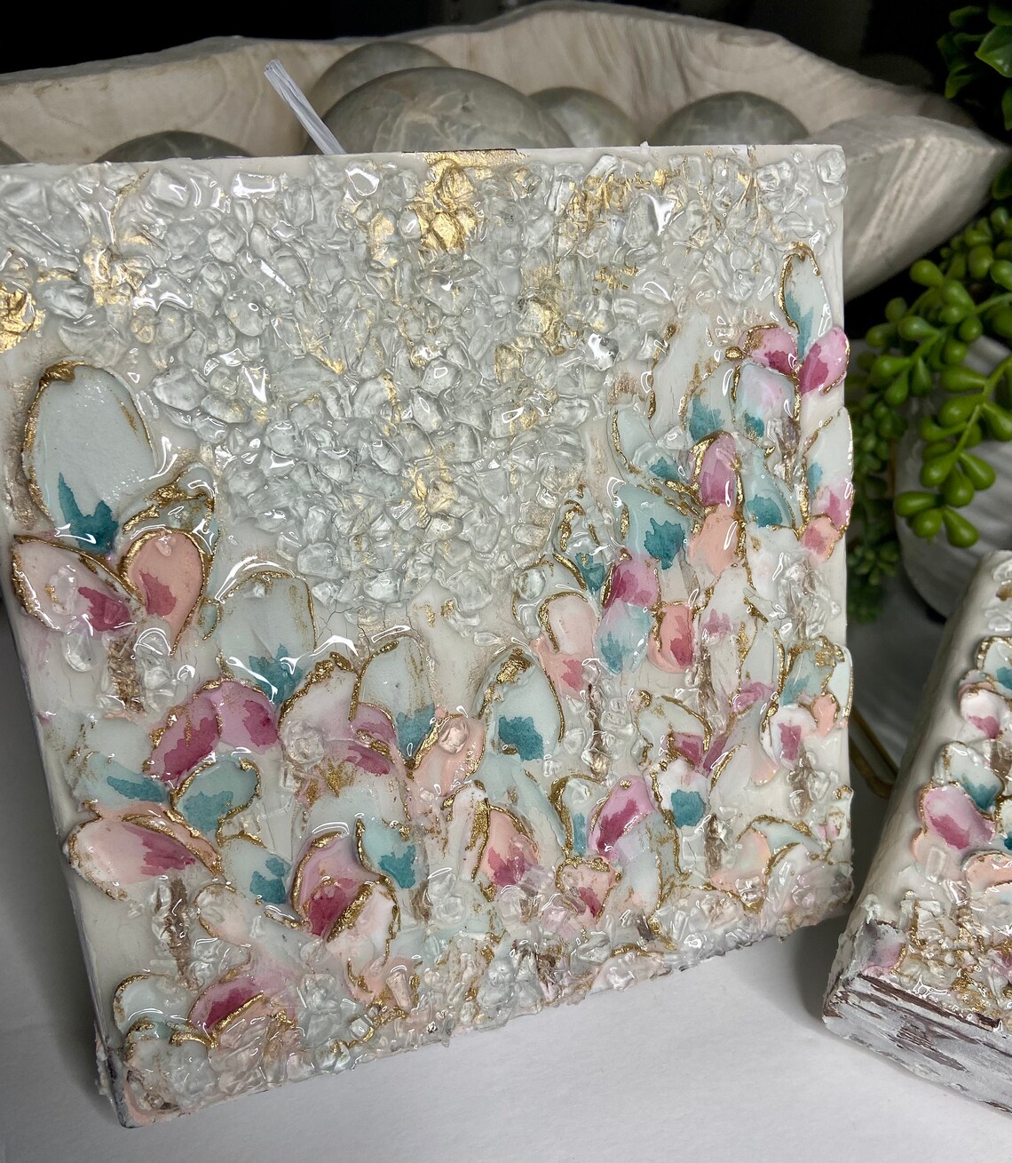 Textured Flowers, Block Art, Crushed Glass Aqua Flowers, Spring Flowers ...