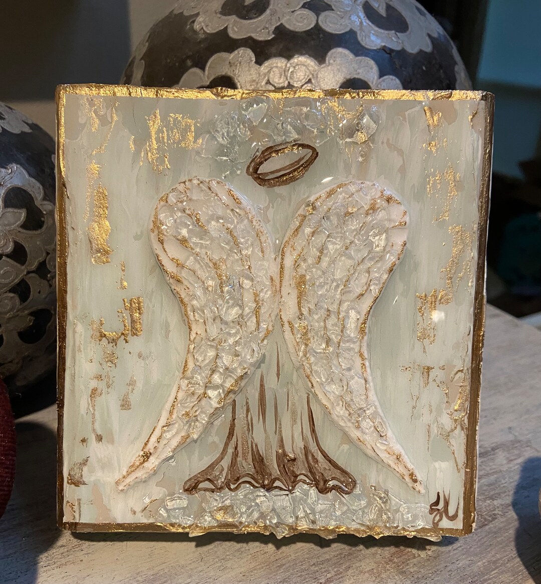 Textured Back Angel With Glass, Block Art, Glass Art, Resin Art ...