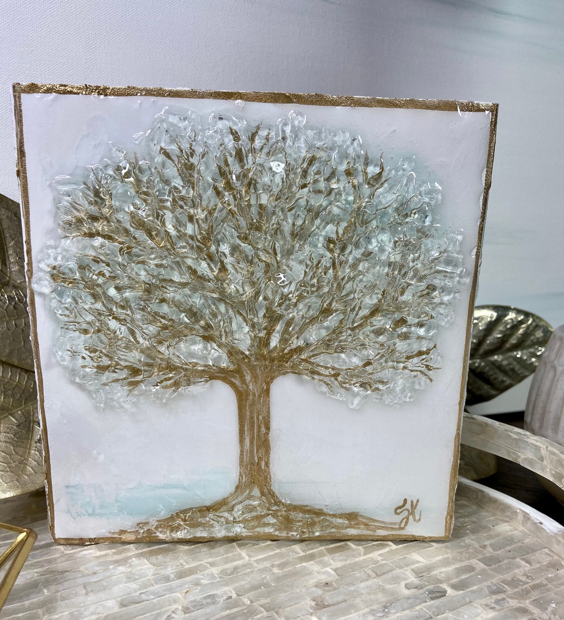 Tree of Life Glass Art, Block Art, Crushed Glass Tree, Gold Leaf Tree ...