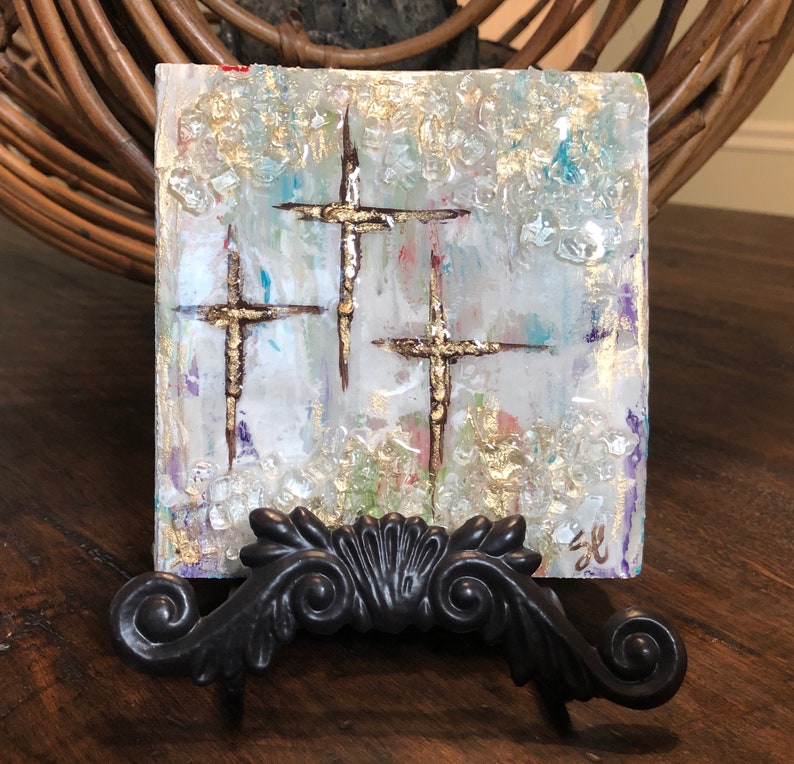 Colorful Textured 3 Crosses W/glass Resin Art Block Art - Etsy