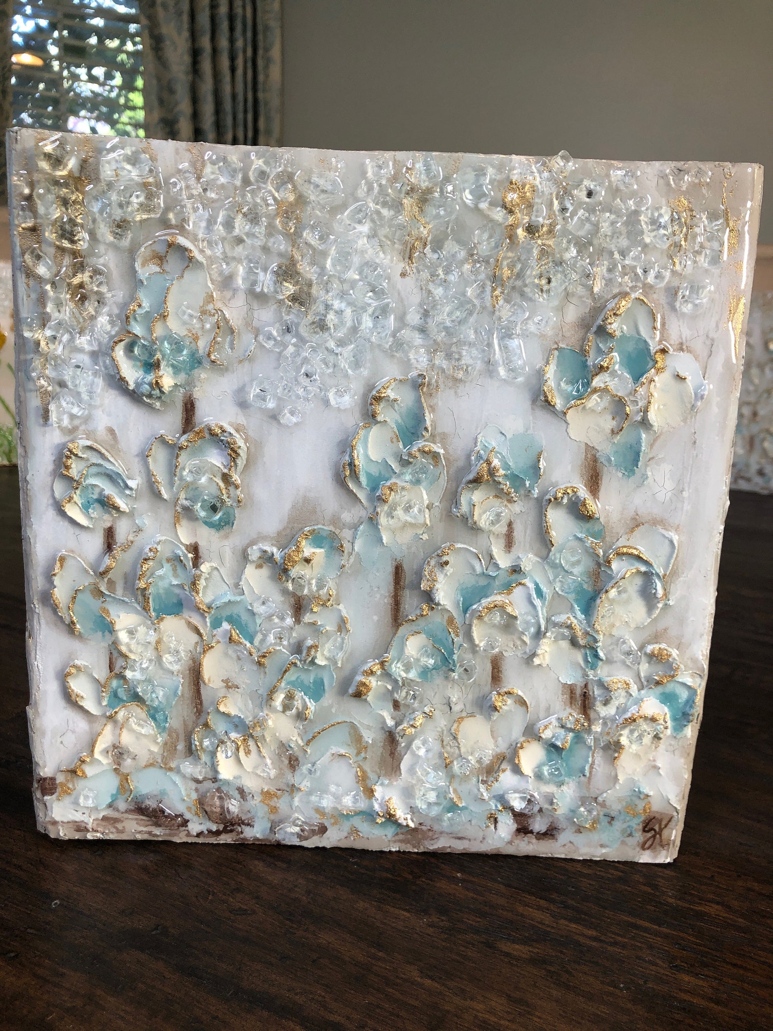 Textured Flowers Block Art Crushed Glass Aqua Flowers - Etsy