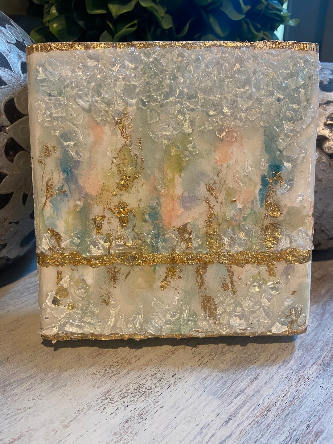 Abstract Wood Block, Block Art, Crushed Glass, Gold Leaf Art, - Etsy