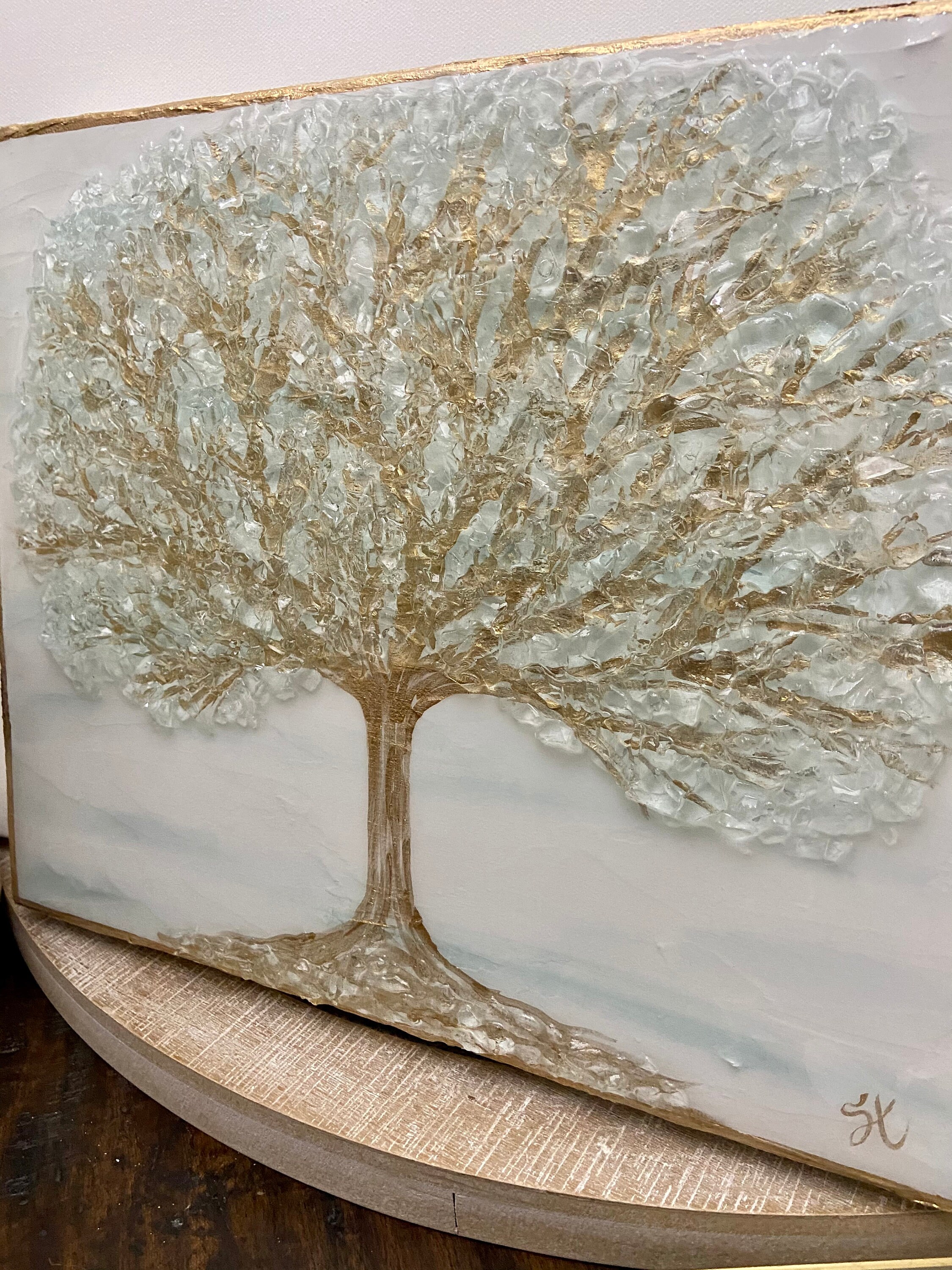 Tree of Life Glass Art Block Art Crushed Glass Tree Gold - Etsy