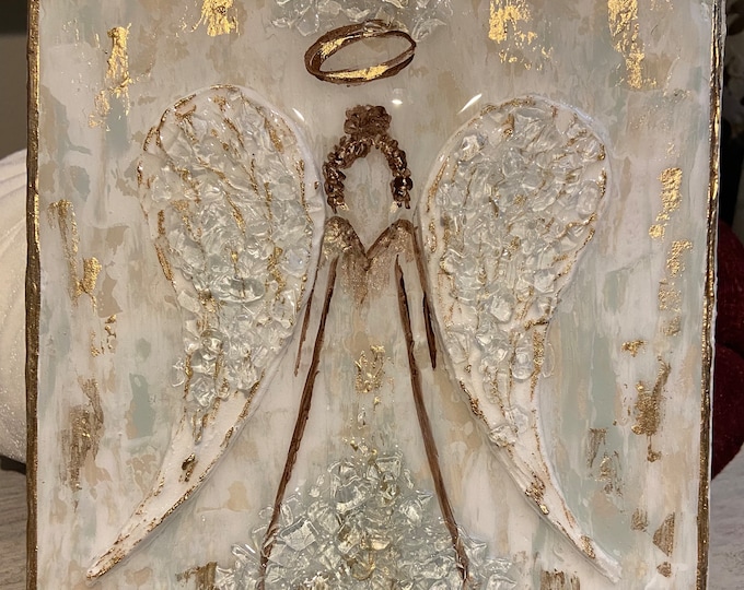 Textured Front Angel With Glass, Block Art, Glass Art, Crushed Glass ...