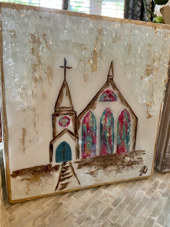 Textured Paint With Glass Church Block Art Glass Art Church | Etsy