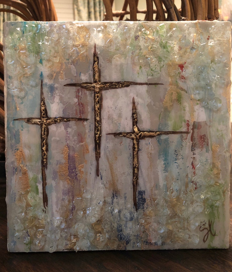 Colorful Textured 3 Crosses W/glass Resin Art Block Art - Etsy