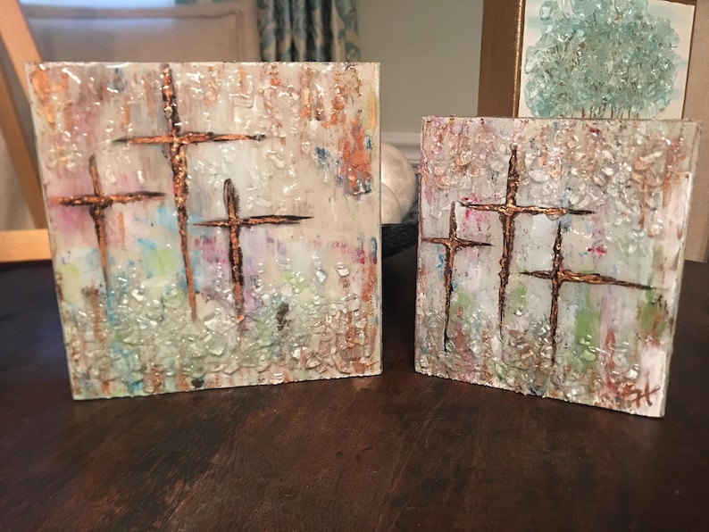 Colorful Textured 3 Crosses W/glass Resin Art Block Art - Etsy