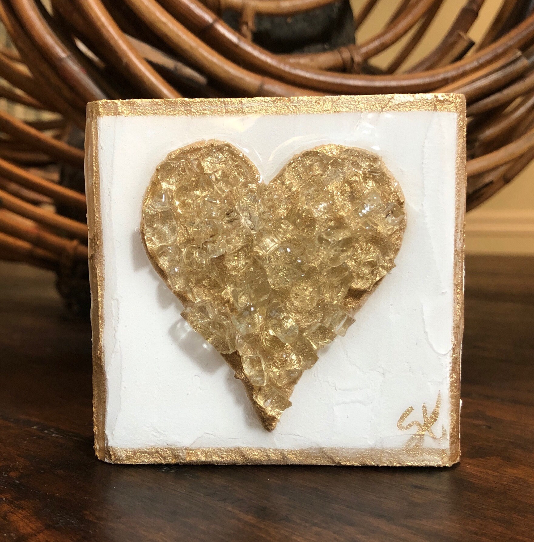 Textured Paint With Glass Gold Heart, Glass Art, Resin Art, Valentines ...