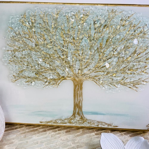 Tree Of Life Glass Art Block Art Crushed Glass Tree Gold Etsy