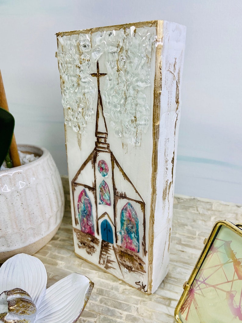 Textured Tall Church, Glass Art, Block Art, Crushed Glass, Resin Art ...