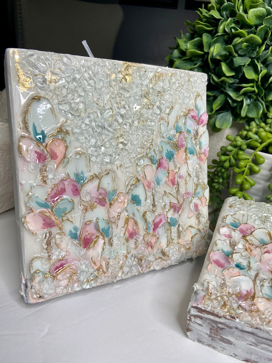Textured Flowers, Block Art, Crushed Glass Aqua Flowers, Spring Flowers ...