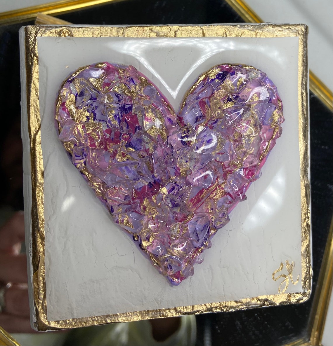 Purple Heart, Textured Paint Glass Heart, Block Art, Valentines, Heart ...