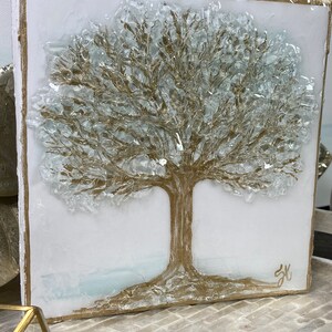 Tree of Life Glass Art, Block Art, Crushed Glass Tree, Gold Leaf Tree ...