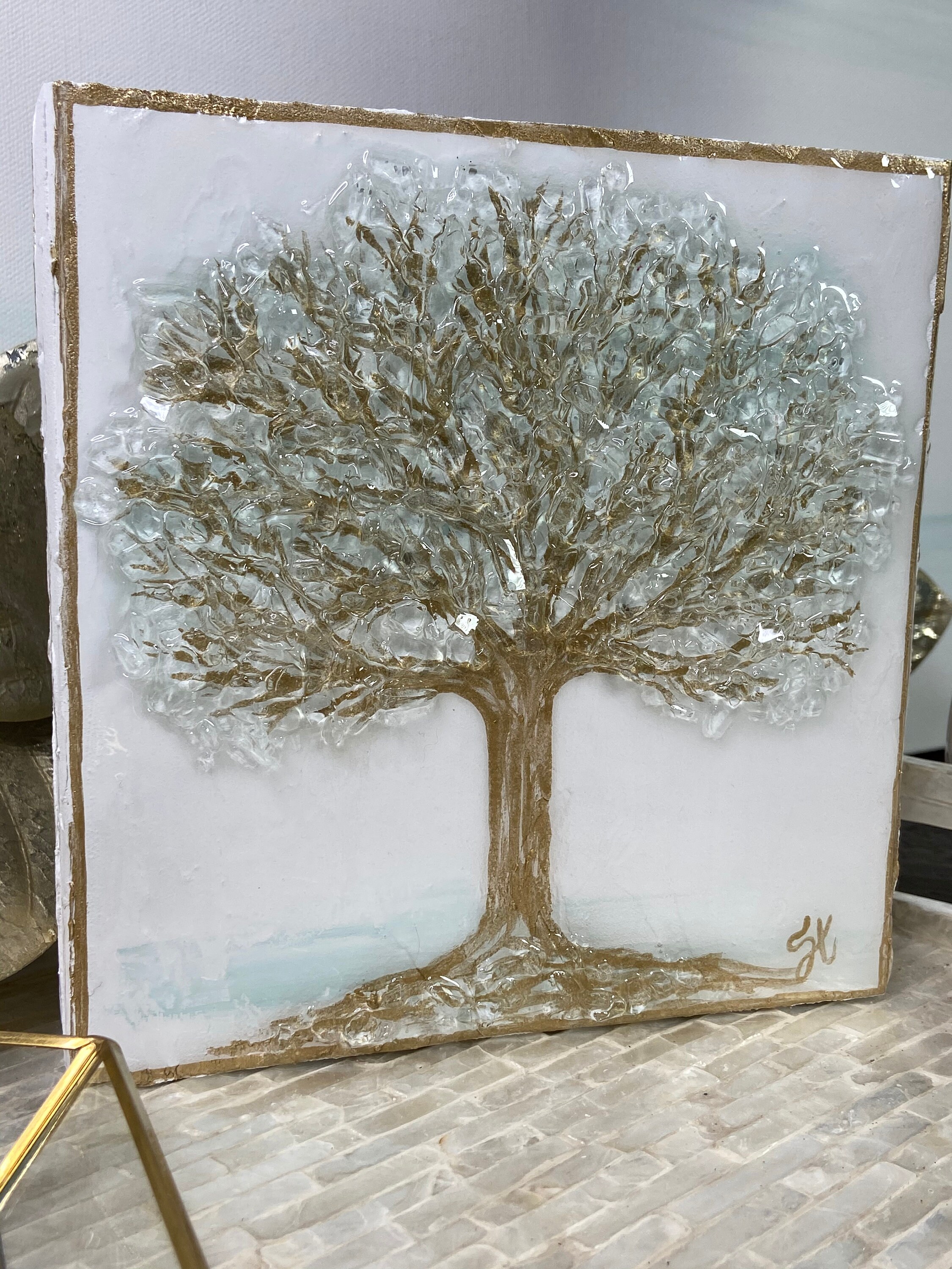 Tree of Life Glass Art Block Art Crushed Glass Tree Gold - Etsy