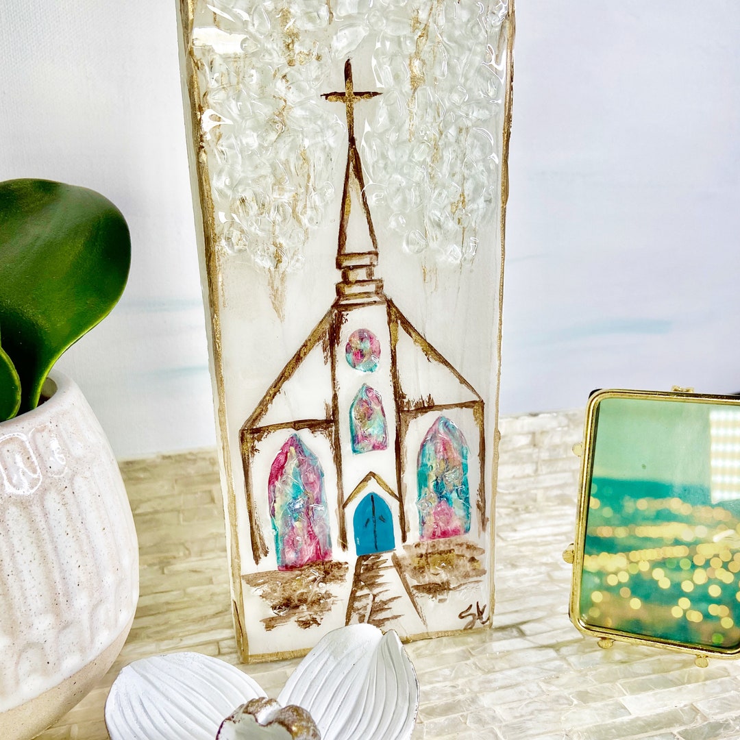 Textured Tall Church, Glass Art, Block Art, Crushed Glass, Resin Art ...