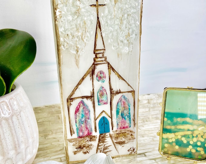 Textured Tall Church, Glass Art, Block Art, Crushed Glass, Resin Art ...