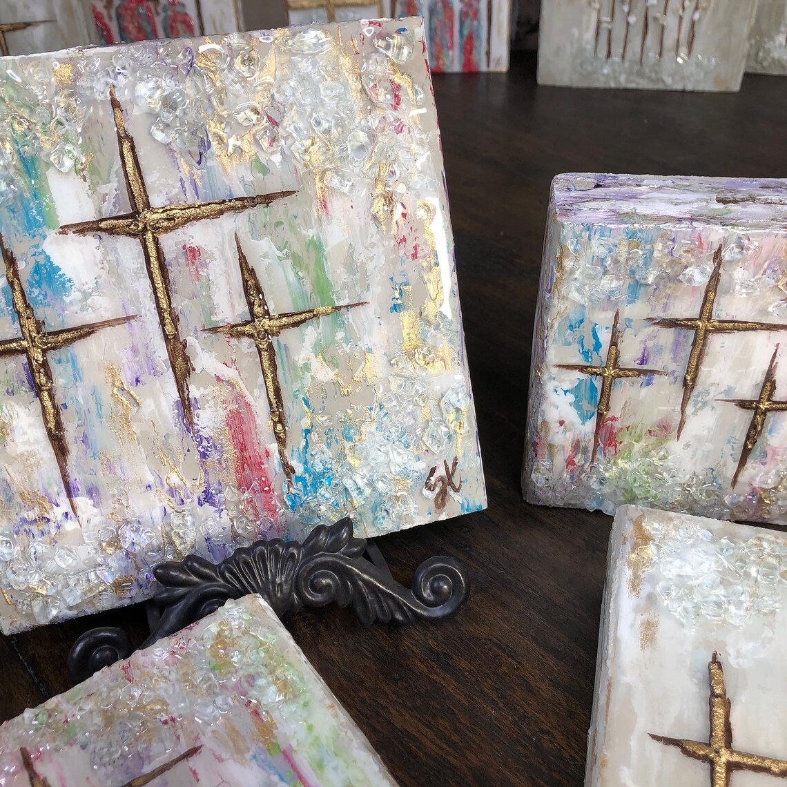 Colorful Textured 3 Crosses W/glass Resin Art Block Art - Etsy