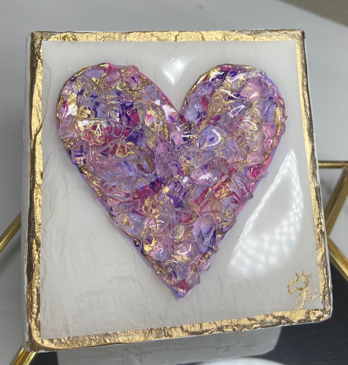 Purple Heart, Textured Paint Glass Heart, Block Art, Valentines, Heart ...