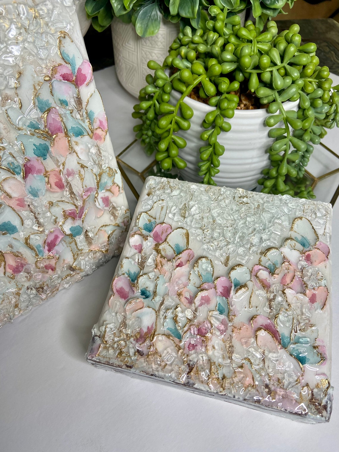 Textured Flowers Block Art Crushed Glass Aqua Flowers - Etsy