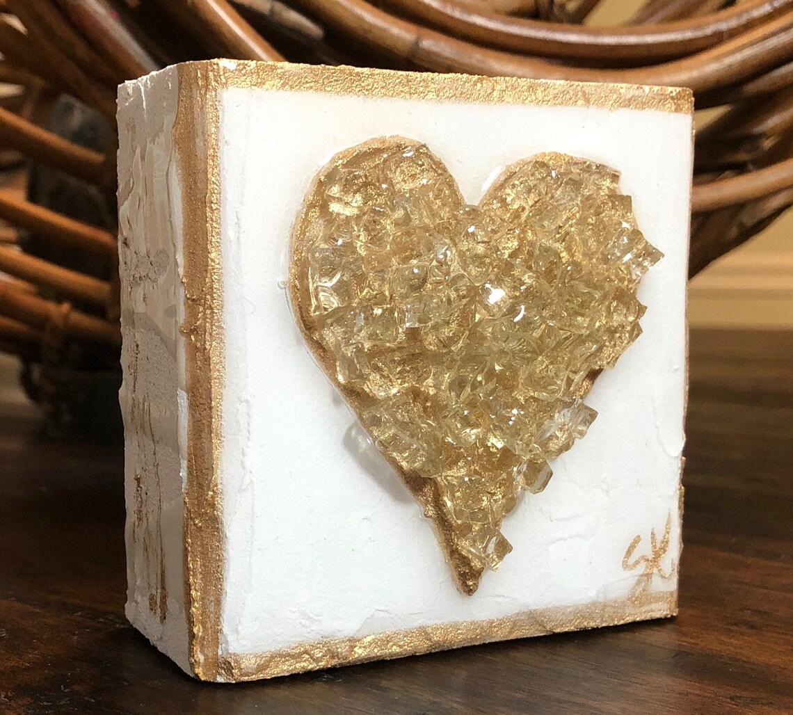 Textured Paint With Glass Gold Heart, Glass Art, Resin Art, Valentines ...