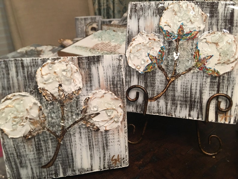 Textured Paint With Glass Neutral Cotton Boll Cotton Art | Etsy