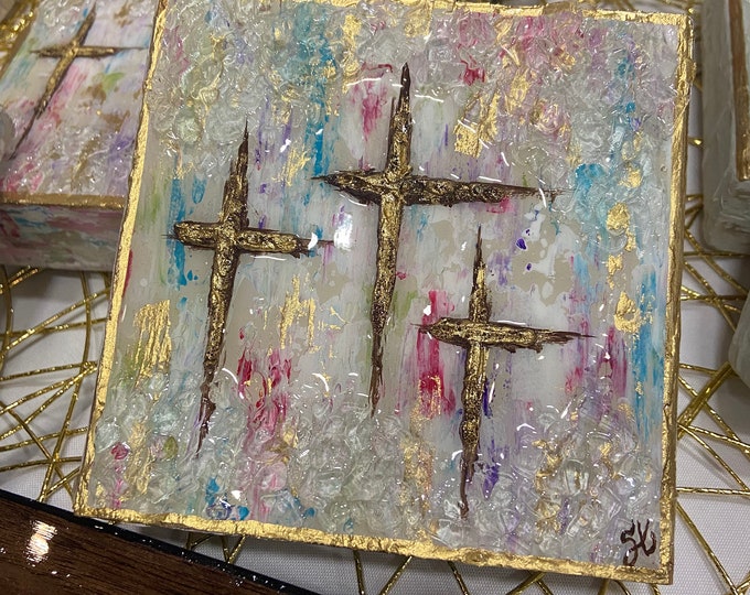 Colorful Textured 3 Crosses W/glass, Resin Art, Block Art, Glass Art ...