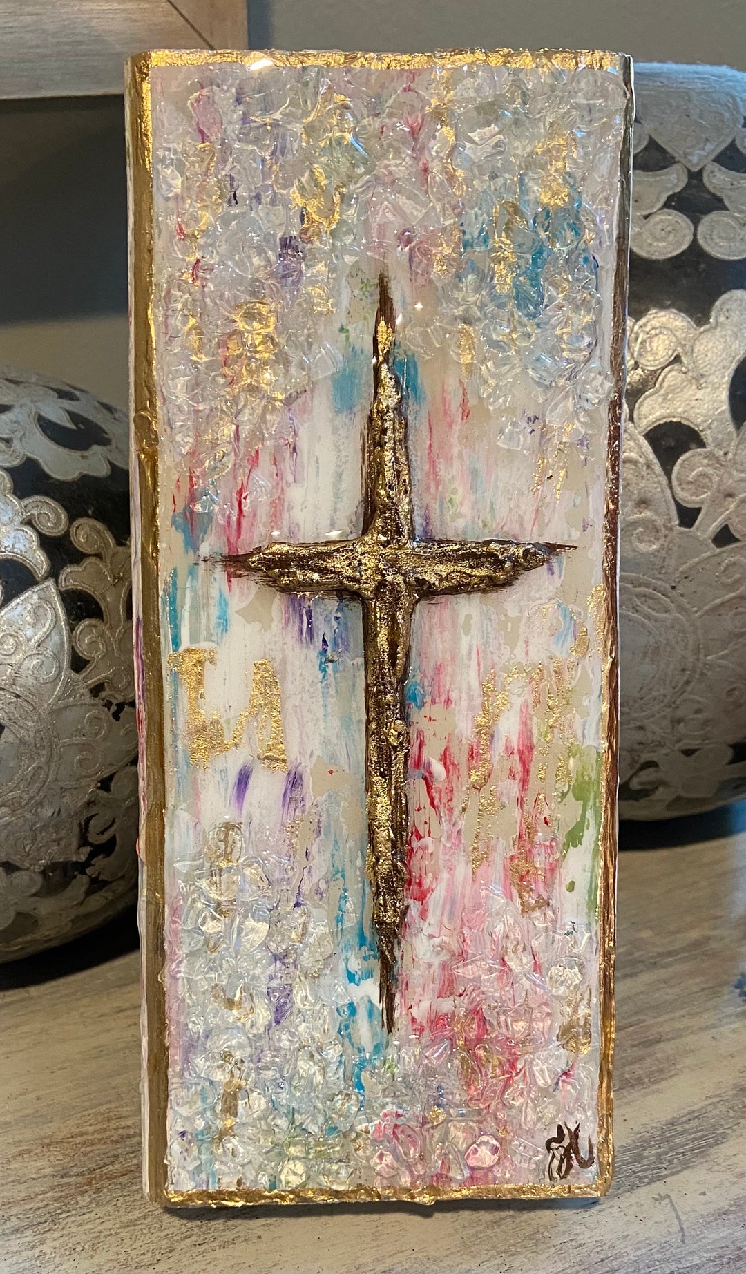 Colorful Cross Painting, Christian, Religious, Glass Art, Block Art ...