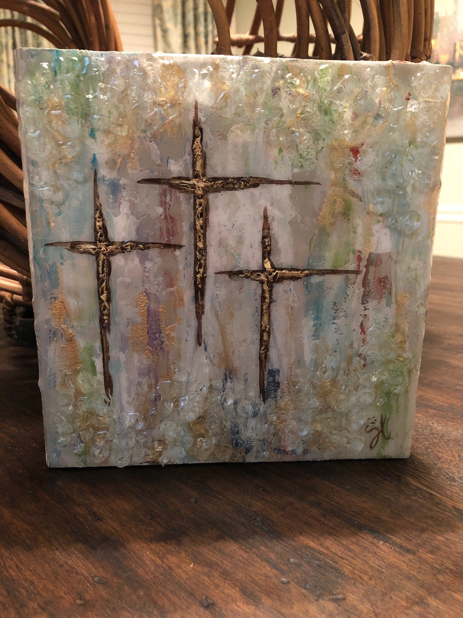 Colorful Textured 3 Crosses W/glass Resin Art Block Art - Etsy