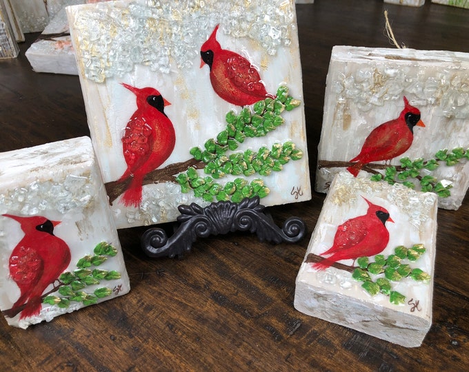 Textured Red Bird With Glass Block Art, Cardinal, Glass Art, Resin Art ...
