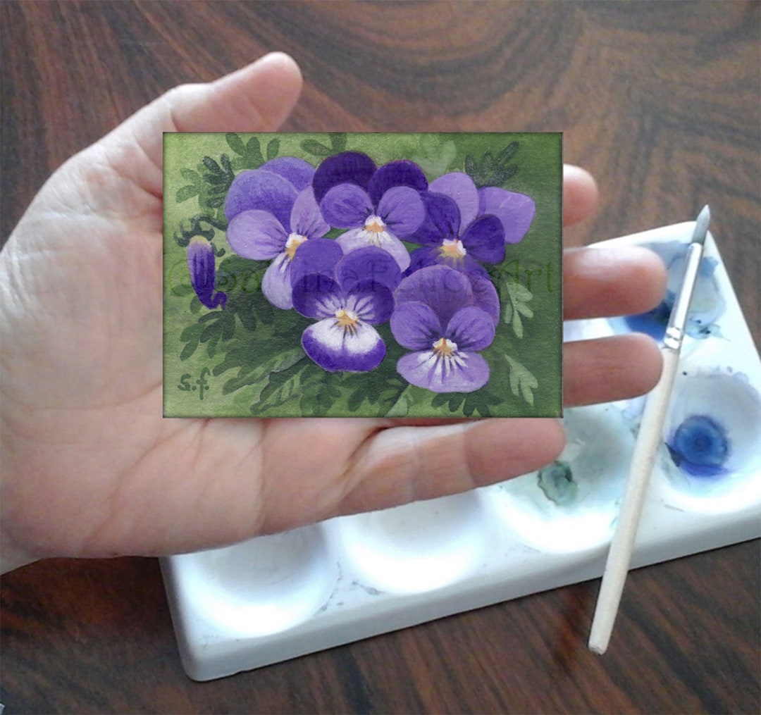 Five Violets Original Acrylic Painting, Pansy Flower Painting, Group of ...
