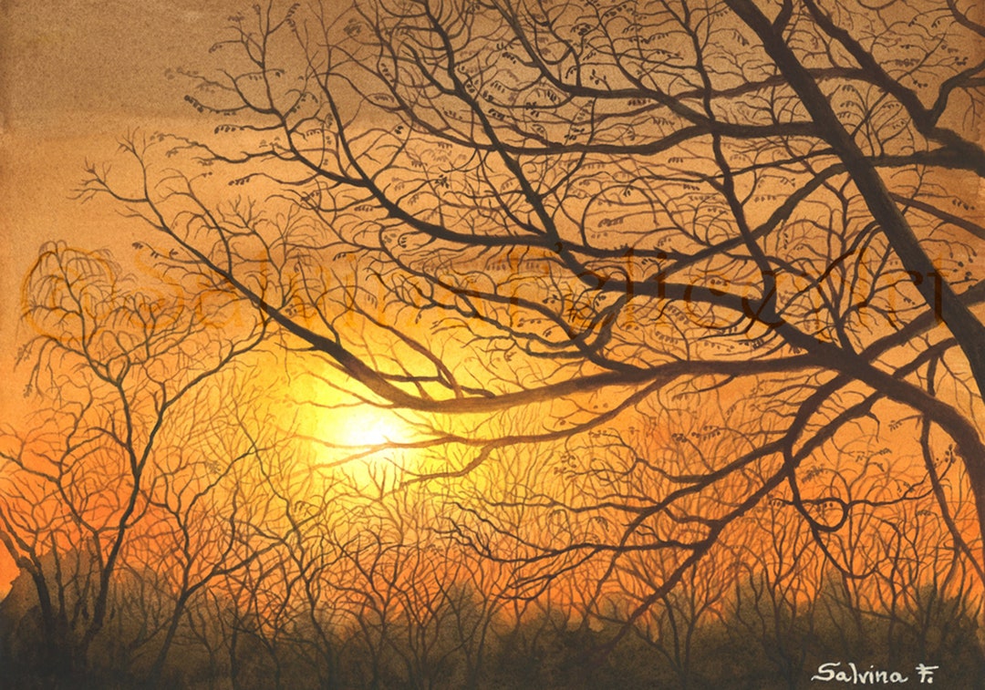 Autumn Sunset-original Watercolor Painting,autumn Landscape,sun in the ...