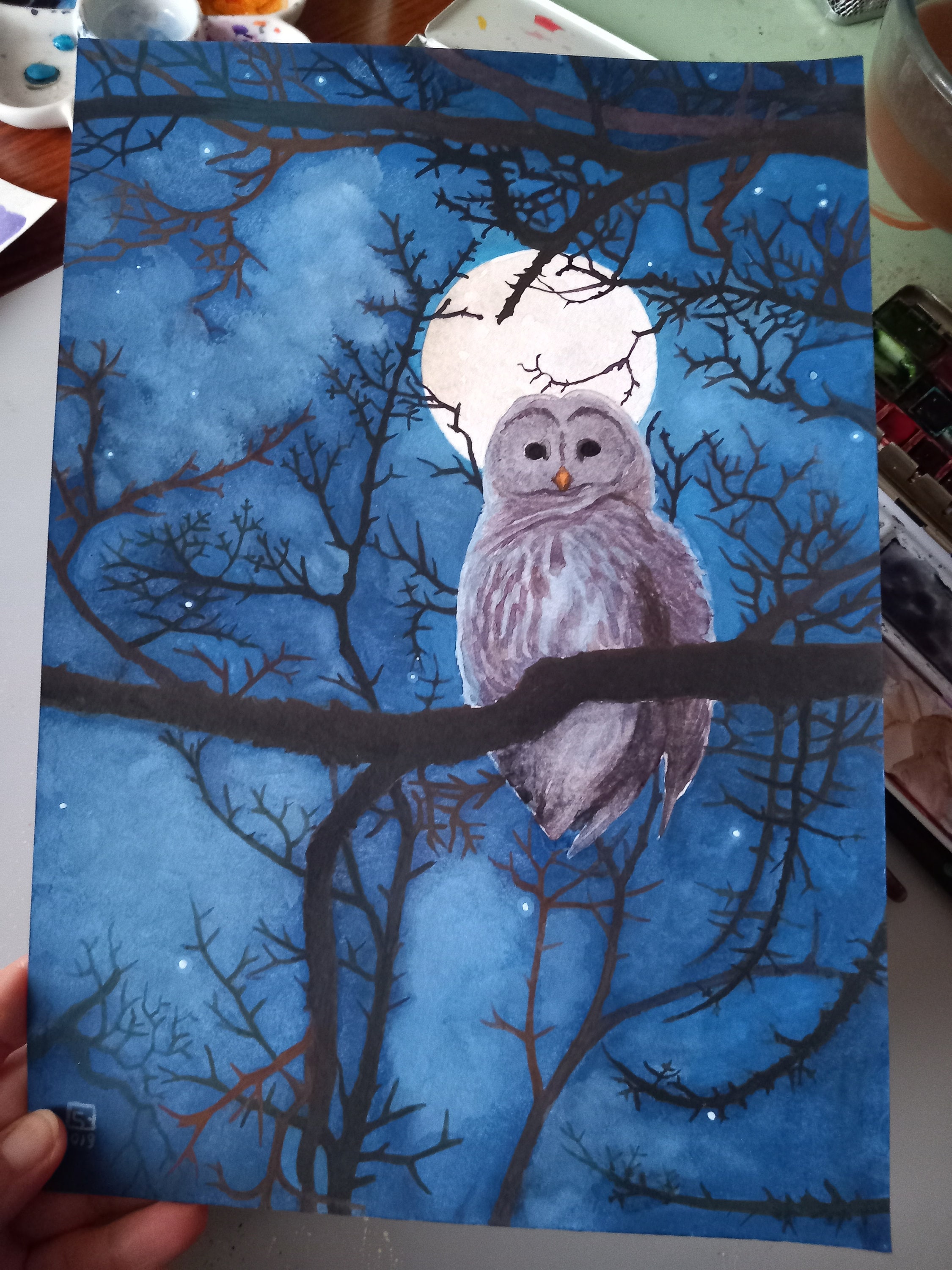 Full Moon Night 2-original Gouache Painting, Guache Painting, Owl ...