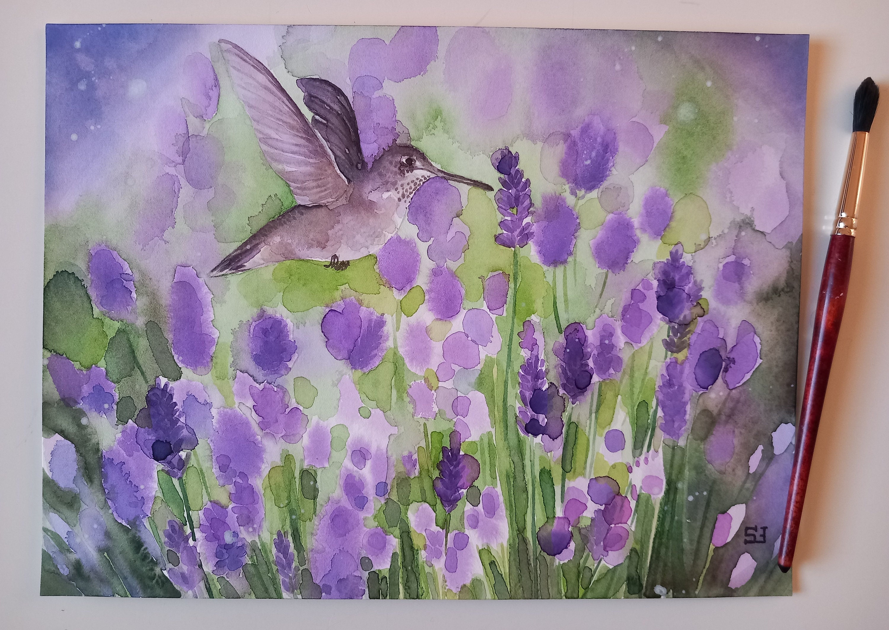 Lavender and Hummingbird-original Watercolor Painting, Small Bird in ...