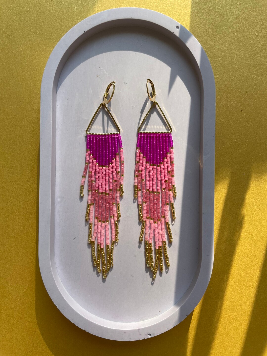 Triangle Fringe Earrings // Pink and Gold Fringe Earrings // - Etsy