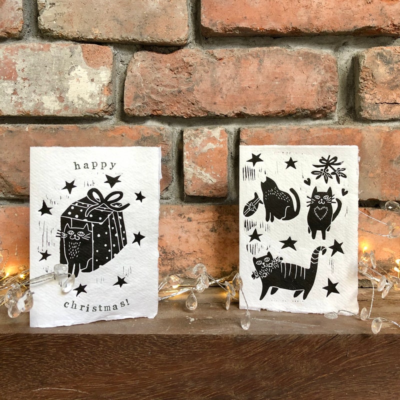 Cat Christmas Linocut - Etsy UK