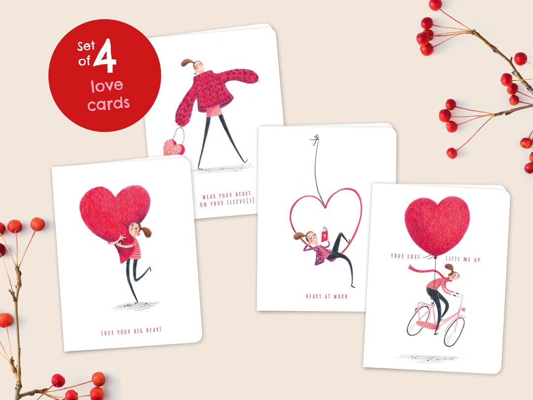 Cute Love Card Set of 4, Set of 4 Valentine's Cards Including Kraft ...
