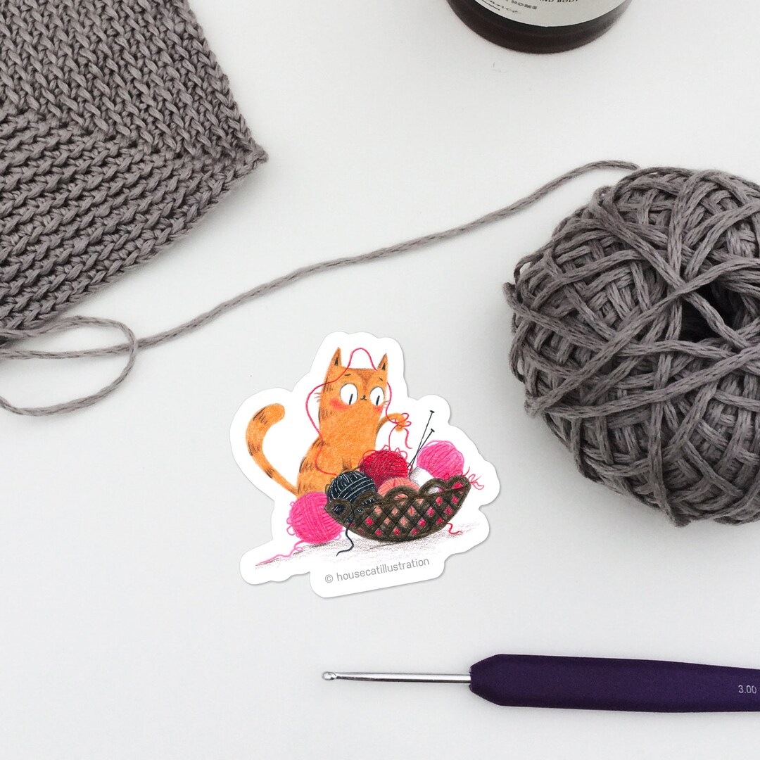 Woolly Cat Sticker, Sticker for Knitting Fans, Cat Plays With Wool ...
