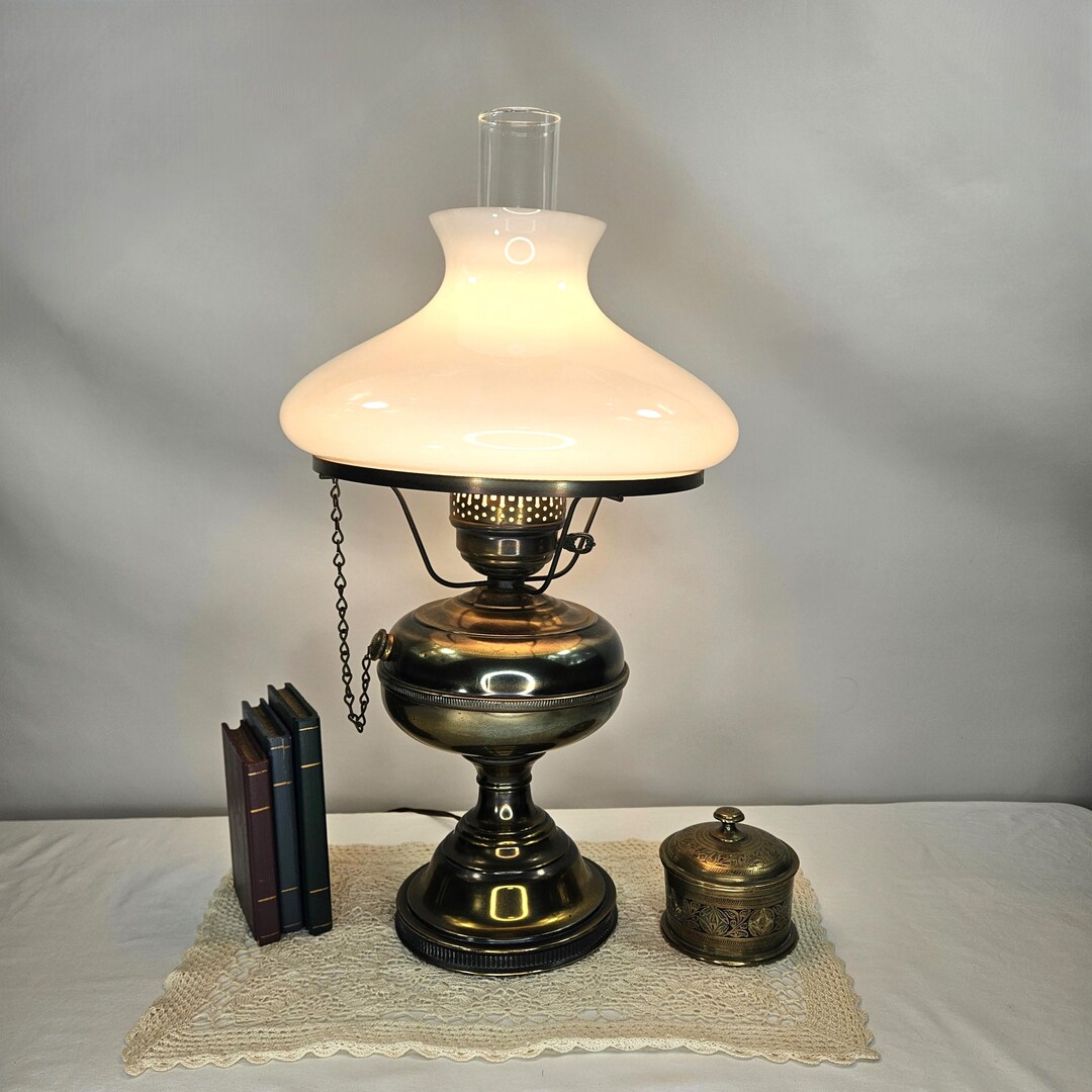Vintage 20" Antique Brass Hurricane Table Lamp W/ Milk Glass Shade ...