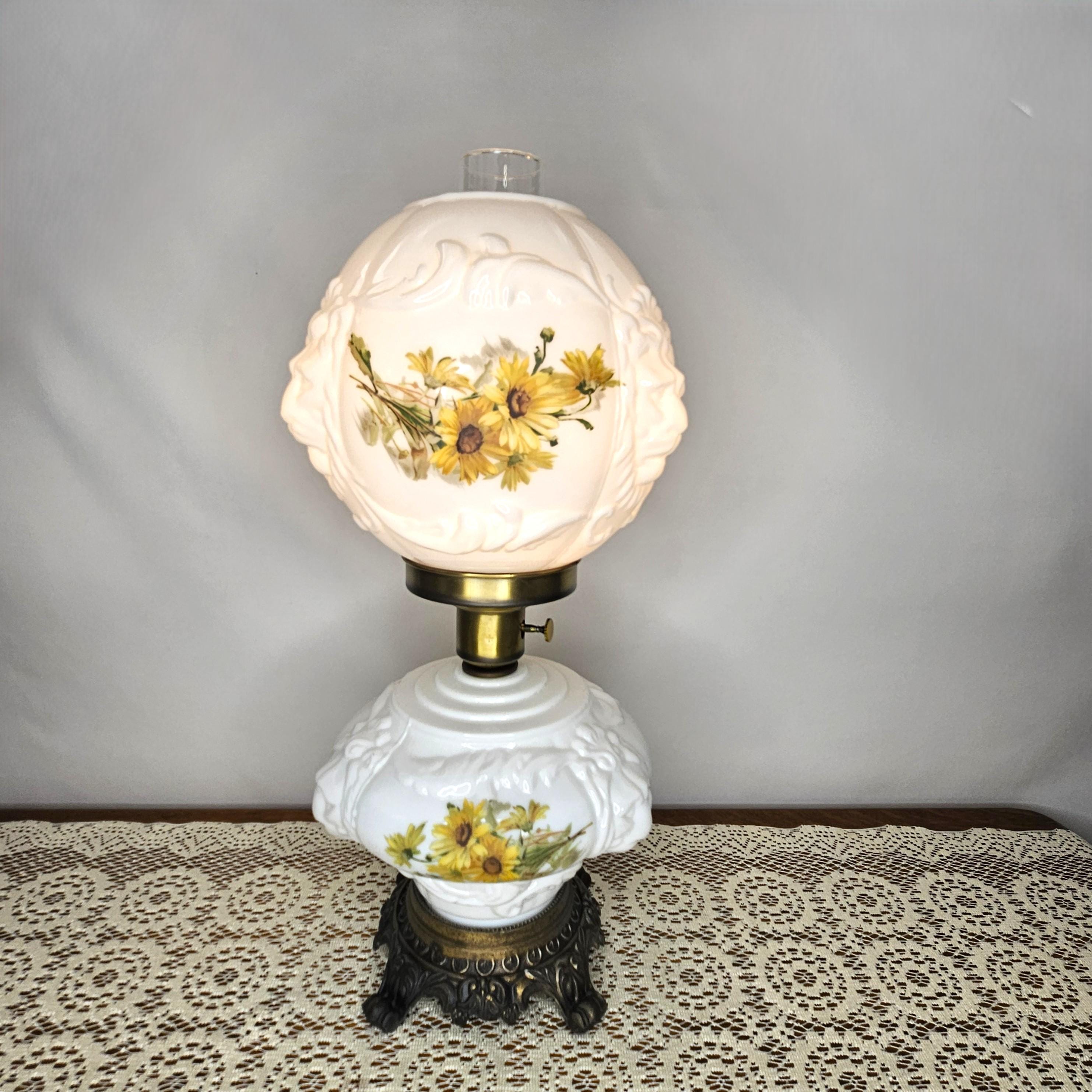 Vintage Hedco Hurricane Lamp: Double Milk Glass Globes, Yellow Daisy ...