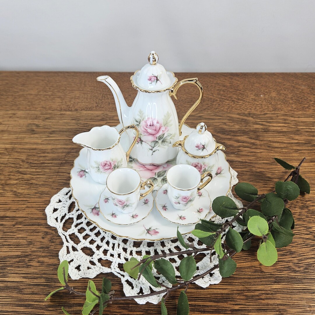 Vintage Porcelain Rose Miniature Tea Set, New in Box, 10 Piece Tea Set ...
