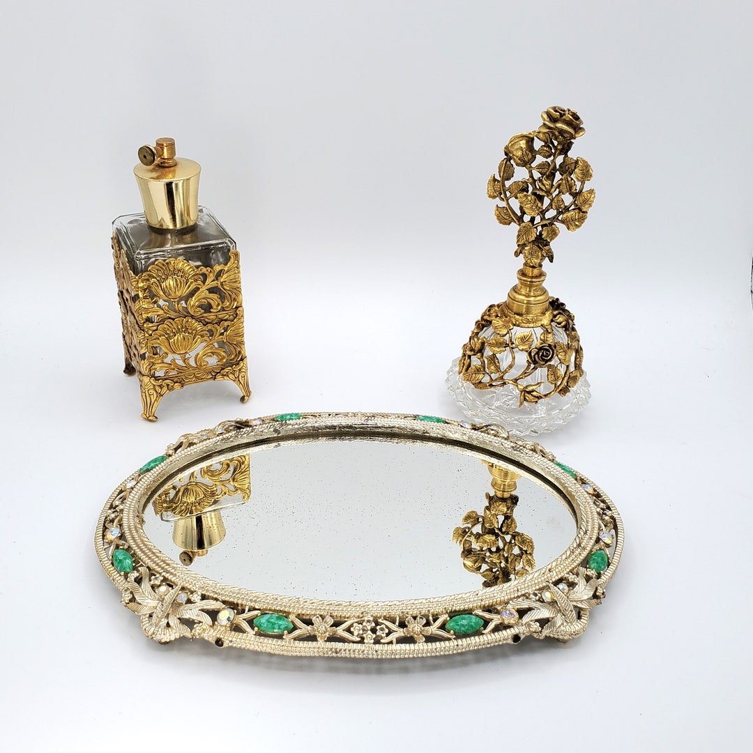 Vintage Sam Fink Ormolu Mirror Vanity Tray, Rhinestones & Faux Jade ...