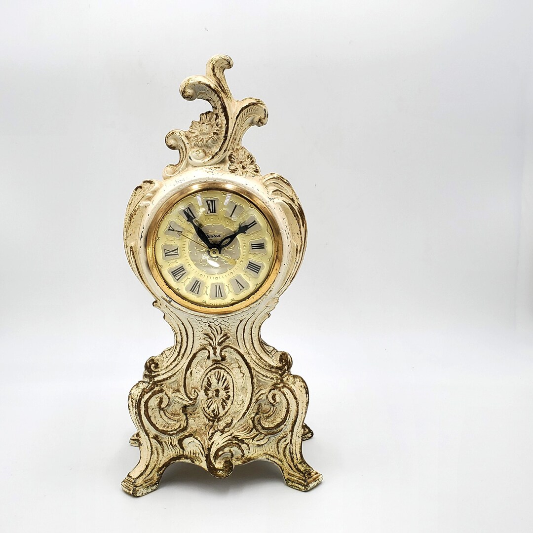 1940's Cream French Country Mantel Clock, United Clock Corp, Cast Metal ...