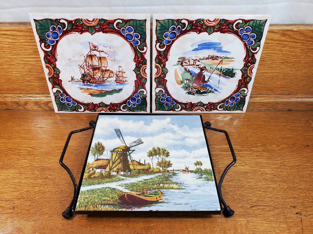 Vintage Hand Painted Dutch Tiles . Set of 3 . Delft Windmill . Royal ...
