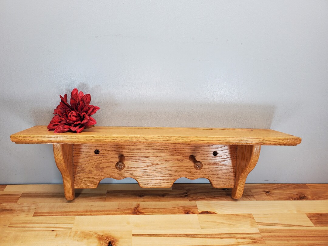Vintage 24" Handmade Solid Oak Shelf: Pegs, Plate Groove, Country Decor ...