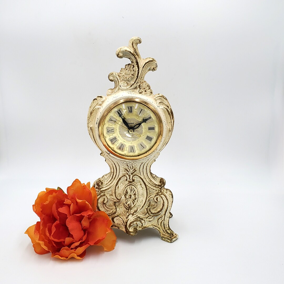 Vintage Cream Metal Cast French Country Table Clock Shabby Chic United ...